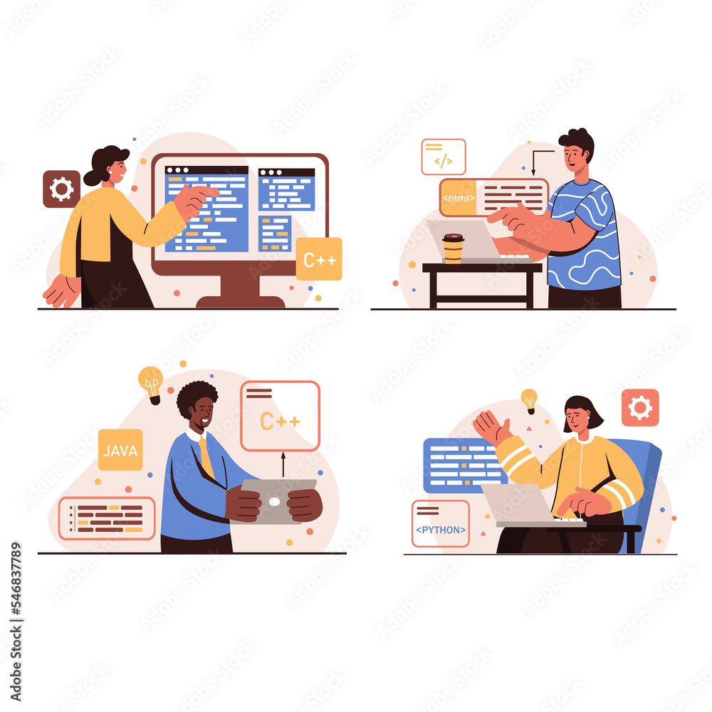 Programming working people concept isolated scenes set. Men and women ...