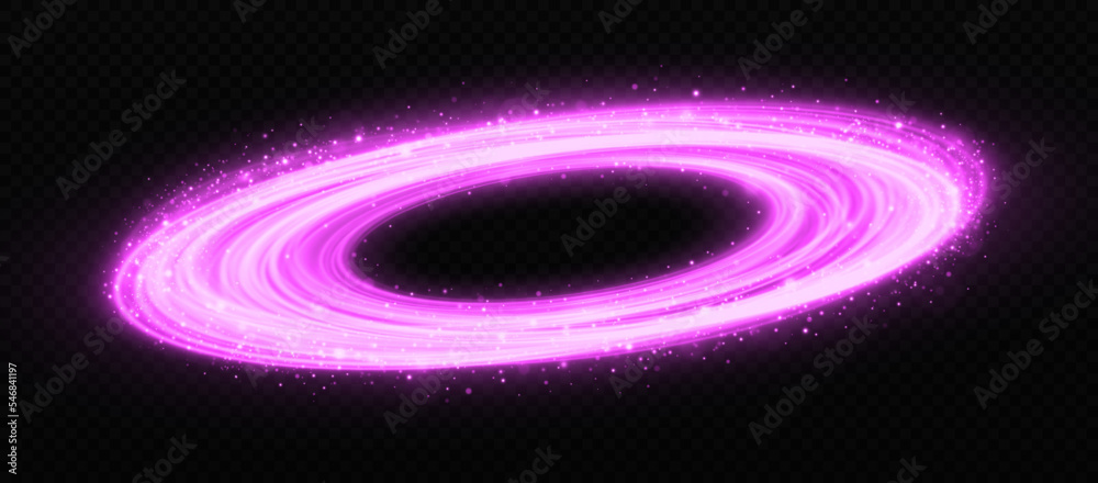 Luminous pink circle ring of particles. Glowing fire lines effect ...