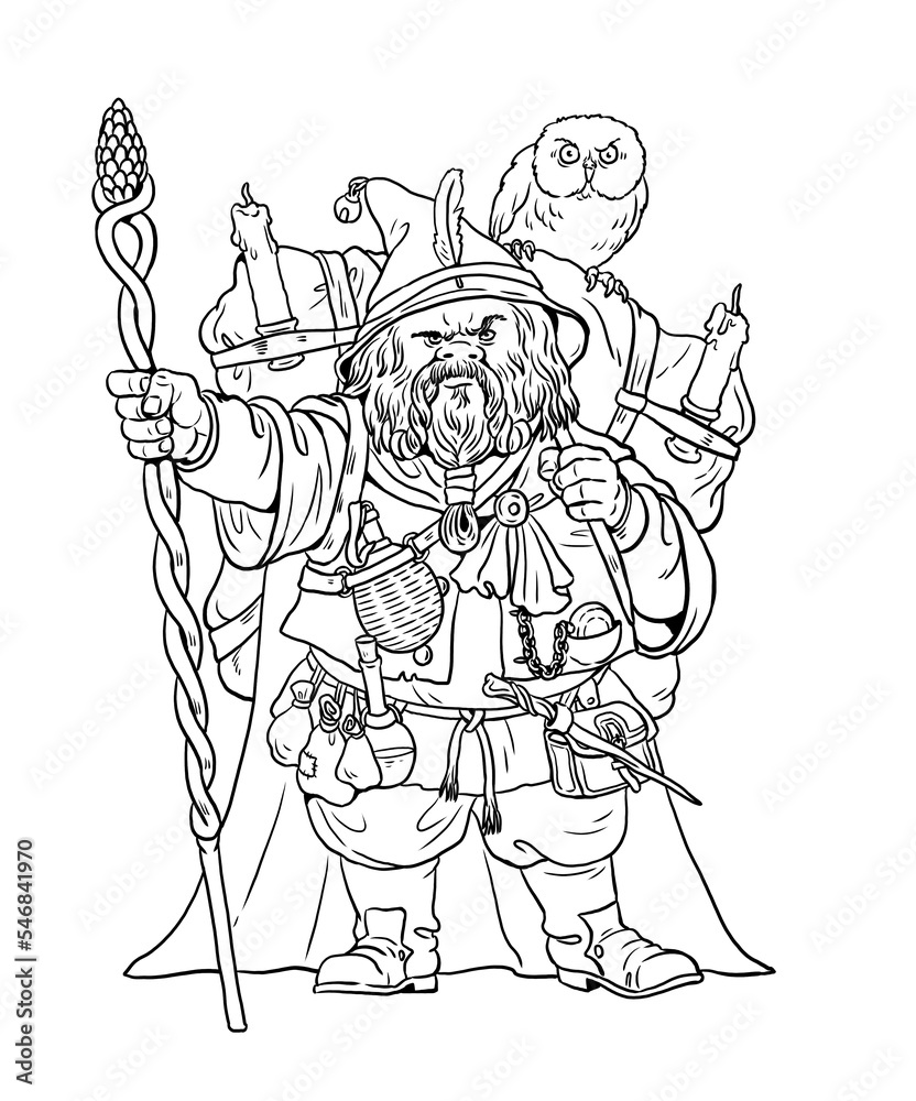 Dwarf with magic wand and owl. Coloring page with the magician ...