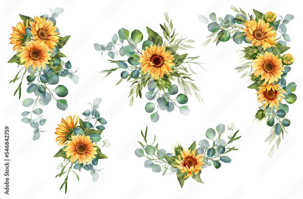 Sunflower and eucalyptus leaves bouquet. Watercolor floral clipart ...