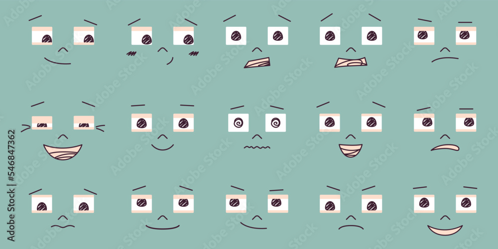 Emotions sticker set cartoon. Expressive faces with eyes and mouth ...