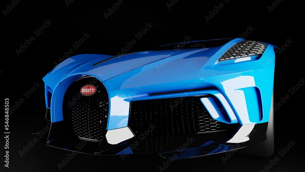 Blue Bugatti sports car isolated on black, luxury supercar design, 3d ...