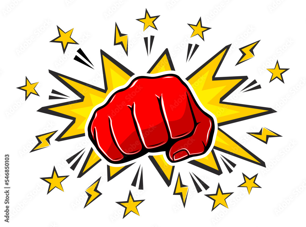Explosive blow fist, strong punch drawn in comic style. Fist punching ...