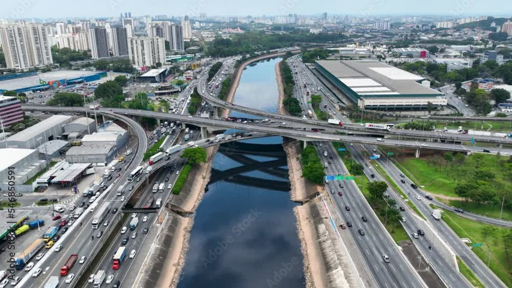 Cityscape of traffic jam at highway road landmark of Sao Paulo Brazil ...