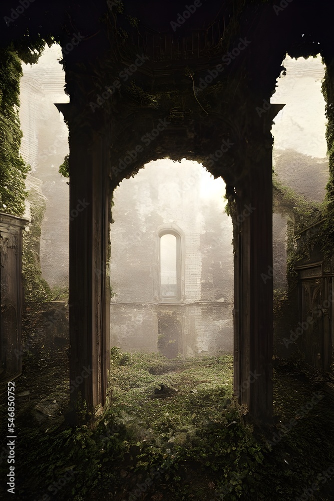 A ruined and decaying mansion, castle or factory. Long forgotten and ...