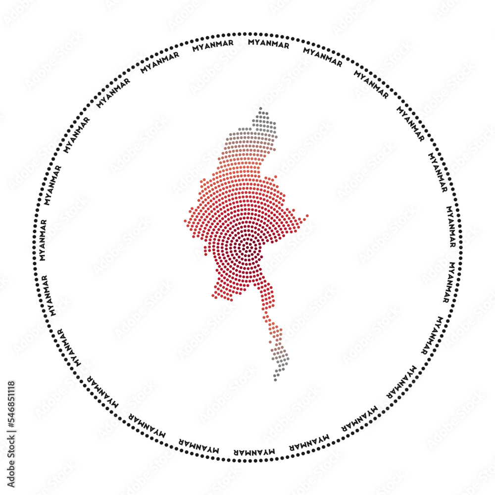 Myanmar round logo. Digital style shape of Myanmar in dotted circle ...