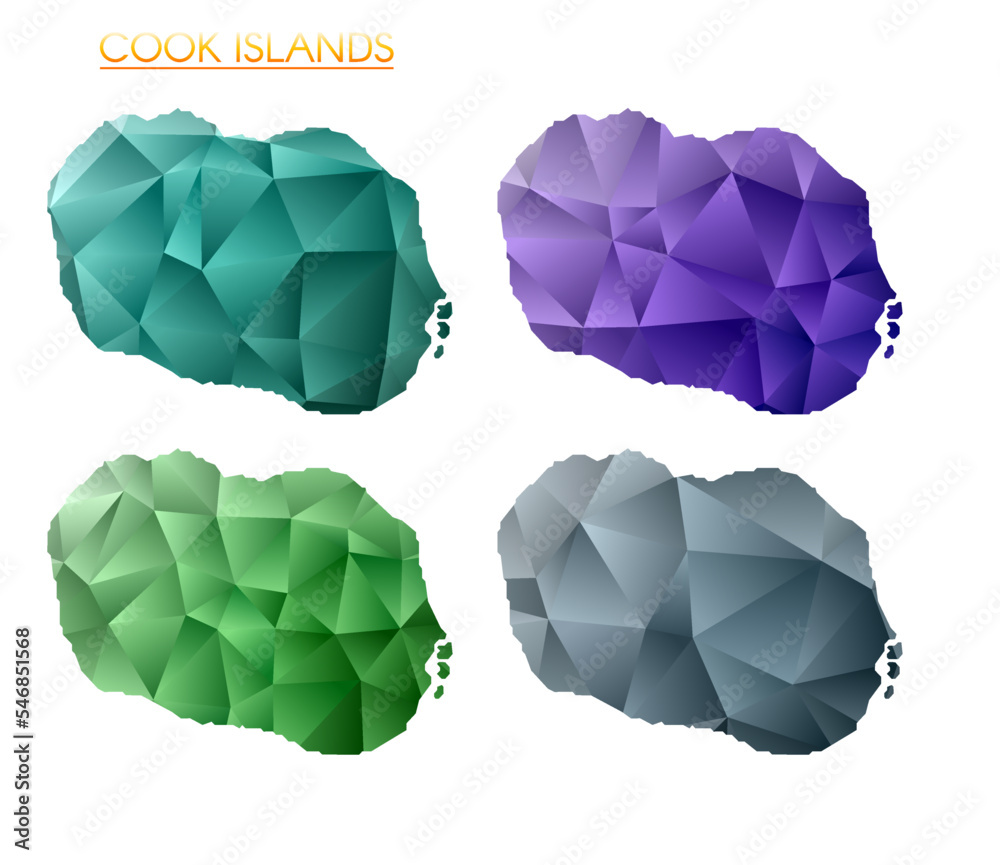Set of vector polygonal maps of Cook Islands. Bright gradient map of ...