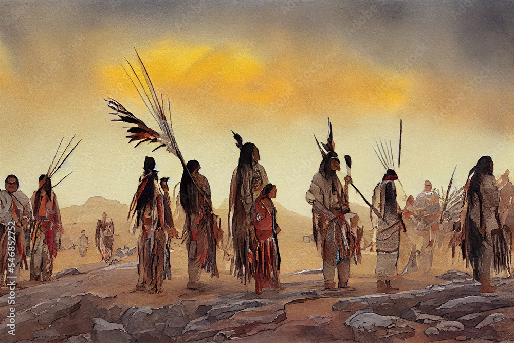 Fantasy native american tribe standing in traditional clothes in a ...