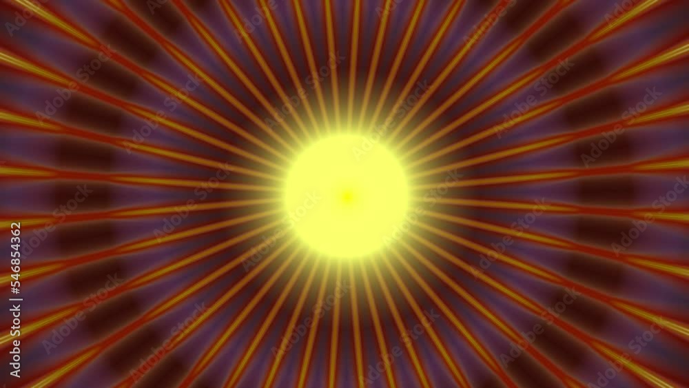 The bright sun in the center of the frame with rays emanating from it ...