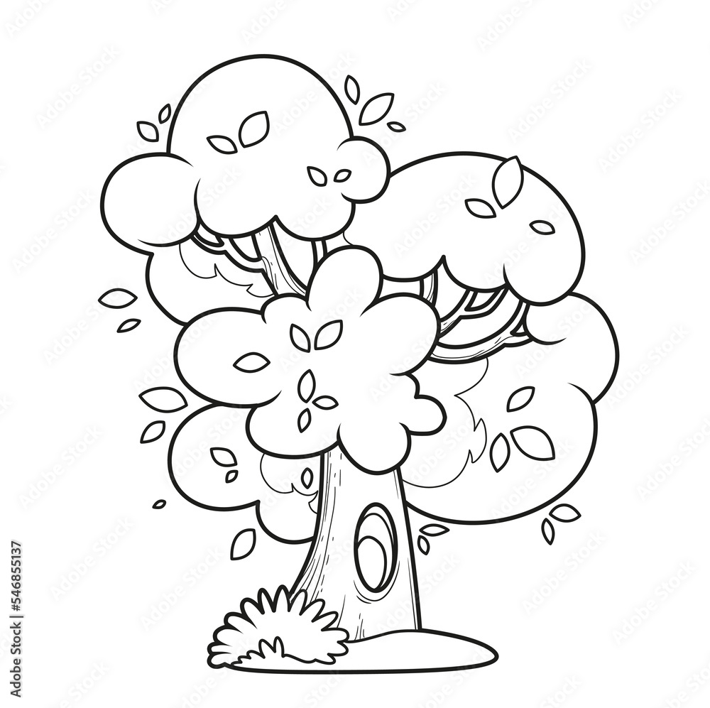 Big old lush foliar tree linear drawing for coloring isolated on white ...
