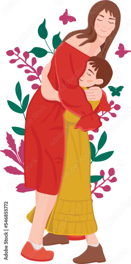 Mother Hugging Her Daughter Vector Mothers Day Vector Illustration
