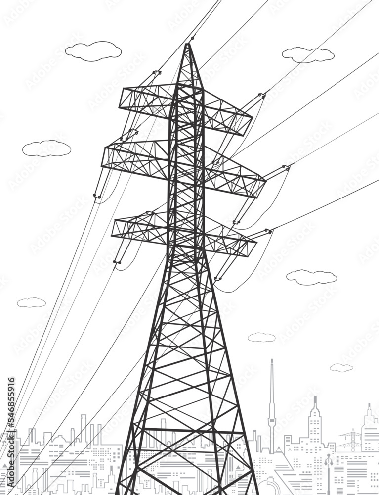 High voltage transmission systems. Electric pole. Power lines. A ...