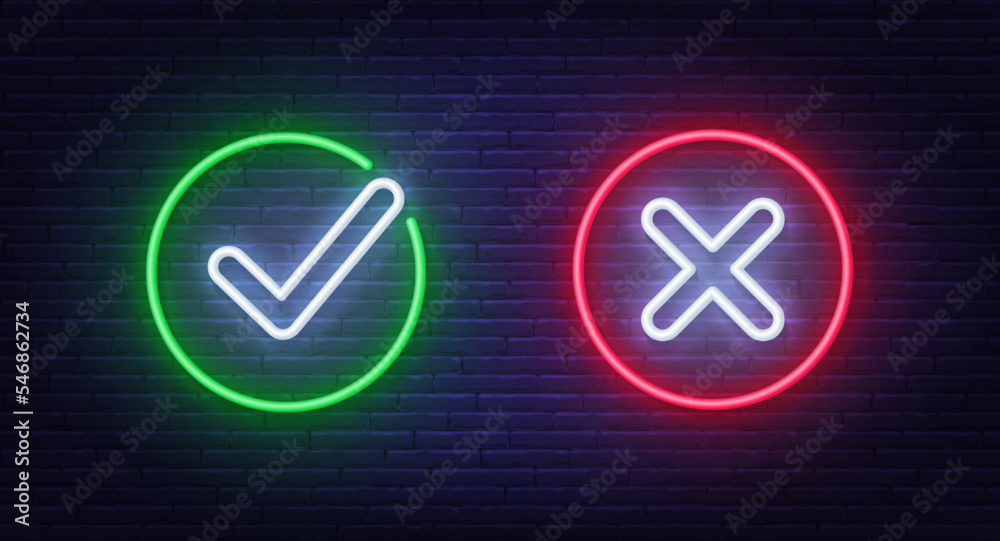 Cancel and Check mark neon sign ok, yes on brick wall background ...