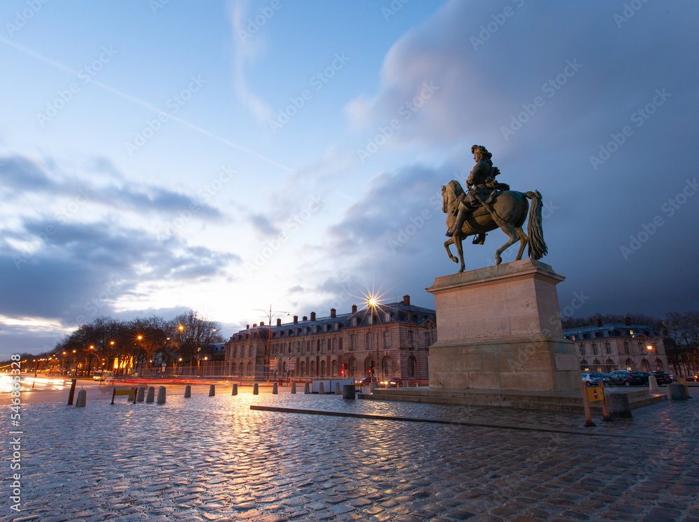 Versailles France sculptures in the courtyard of the castle, facade ...