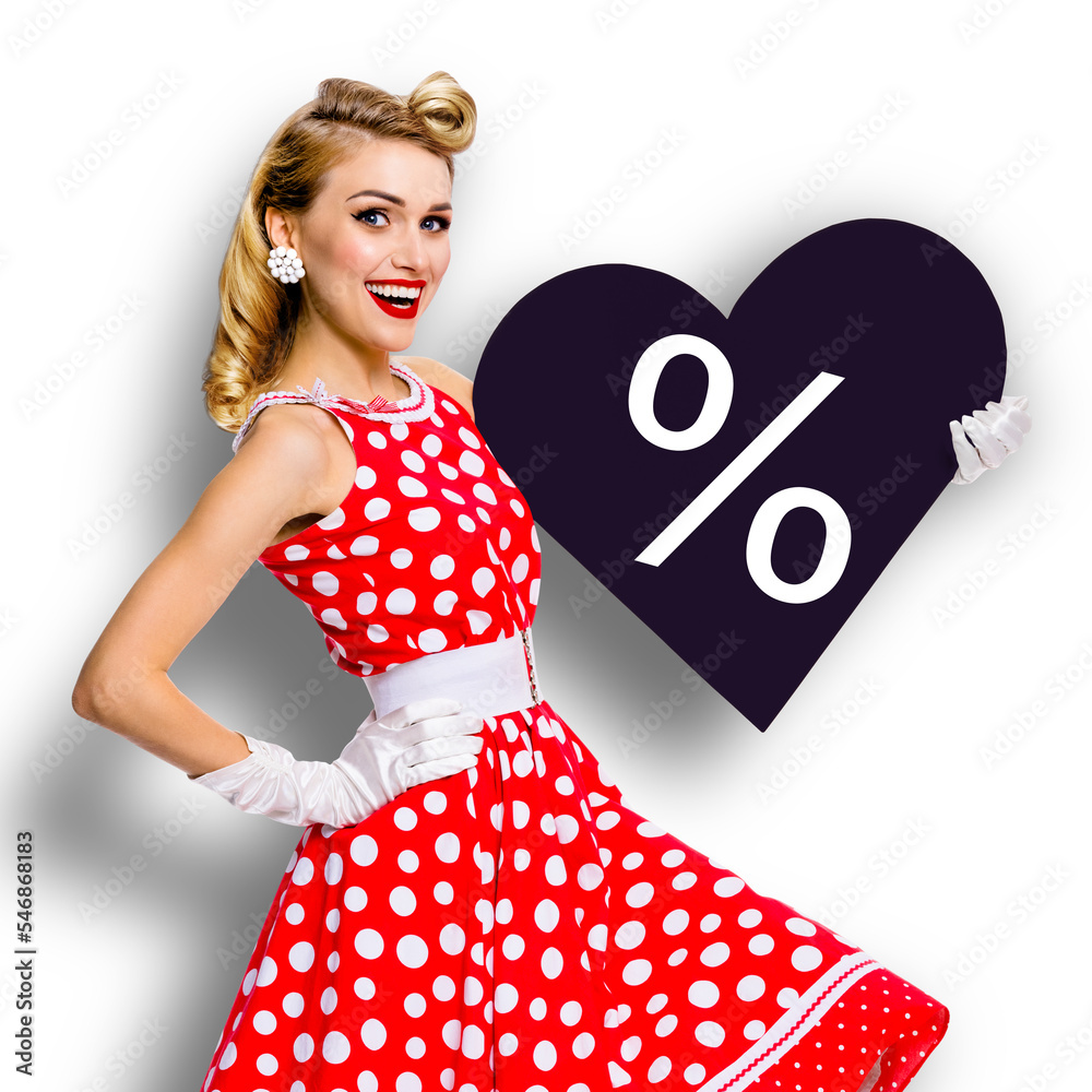 Woman holding paper heart shape with % sign. Portrait image of happy ...