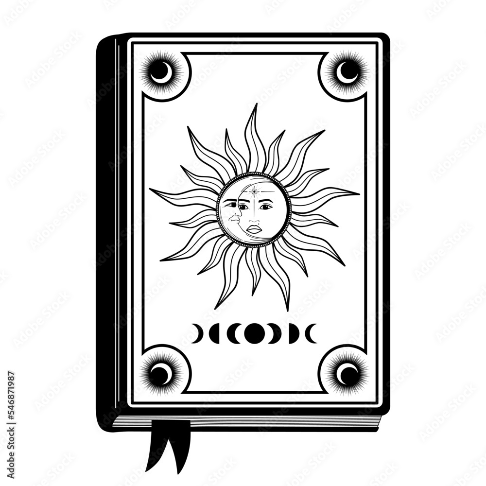 Hand drawn mystical book with Sun and Moon face, star in line art ...