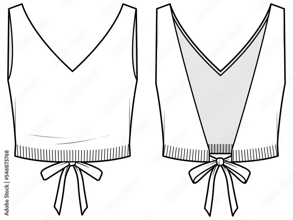 womens sleeveless v neck bow tie back crop top flat sketch vector ...