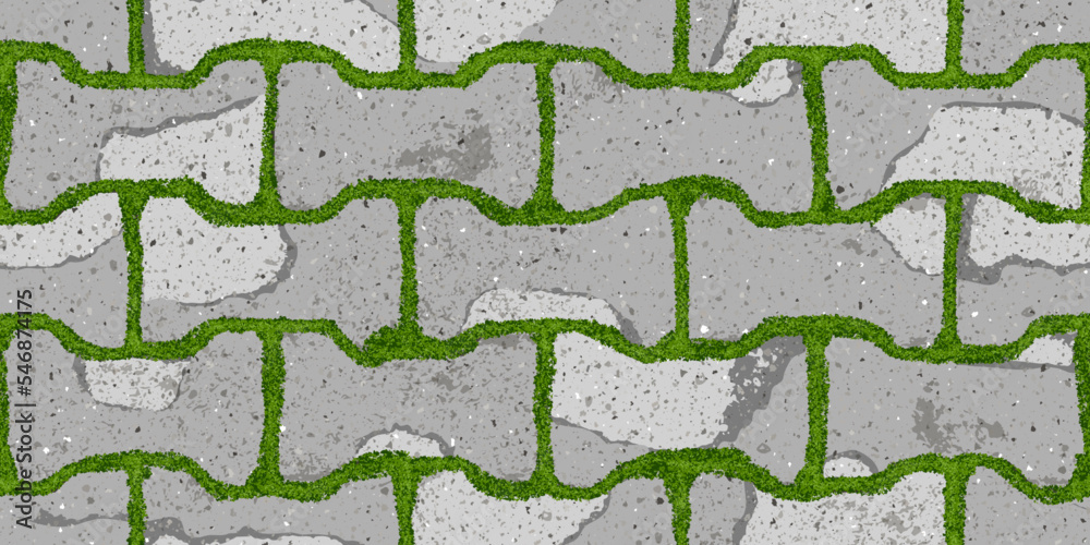 Seamless pattern of old pavement with moss and dumble interlocking cracked old bricks. Vector ...