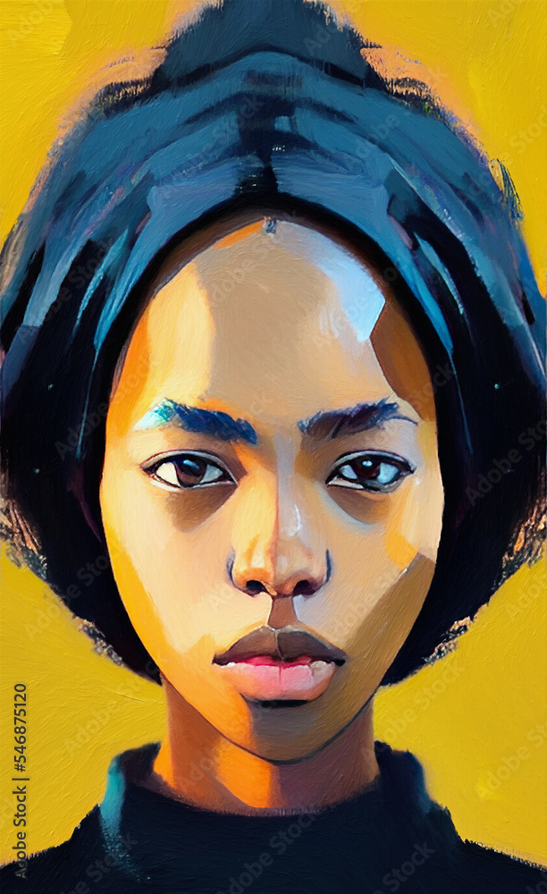Digital painted illustration portrait of black skin fashion model woman ...