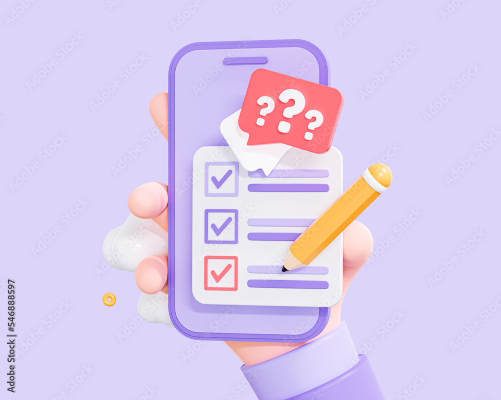 3D Hand holding mobile phone with task and question mark. Form vote in smartphone. Online quiz ...