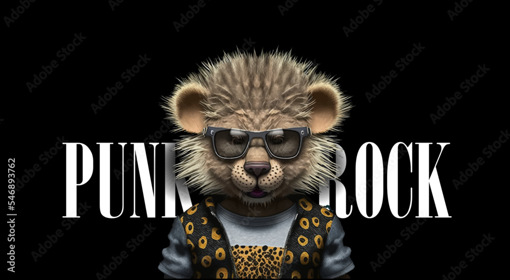 Punk rock teddy bear wearing a tiger-skin jacket and dark round glasses ...