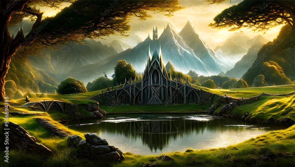 Sunlit fantasy landscape with mountains, forests and lakes - elves ...