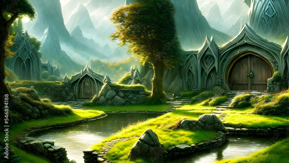 Sunlit fantasy landscape with mountains, forests and lakes - elves ...