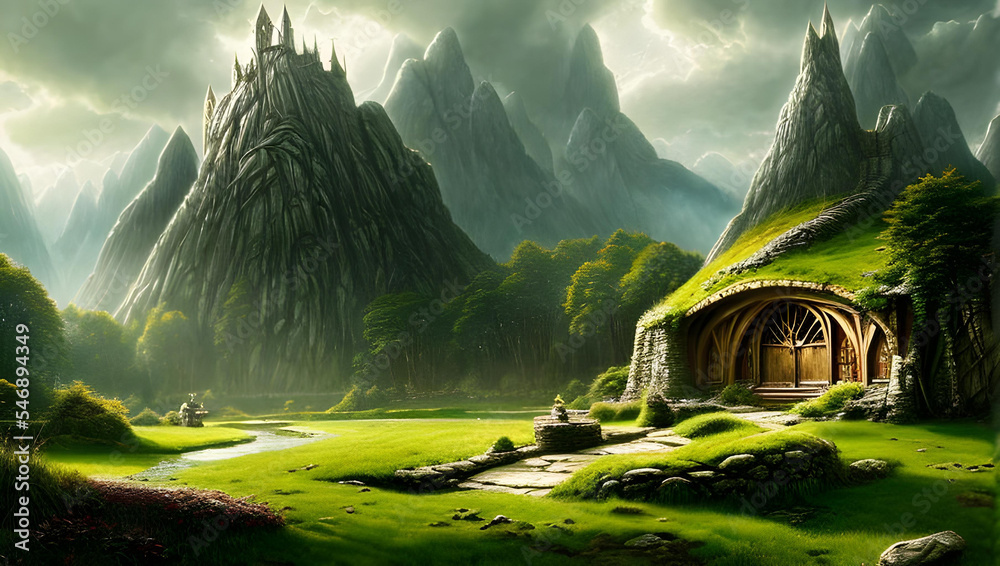 Sunlit fantasy landscape with mountains, forests and lakes - elves ...