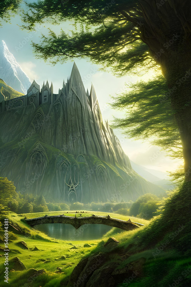 Sunlit fantasy landscape with mountains, forests and lakes - elves ...