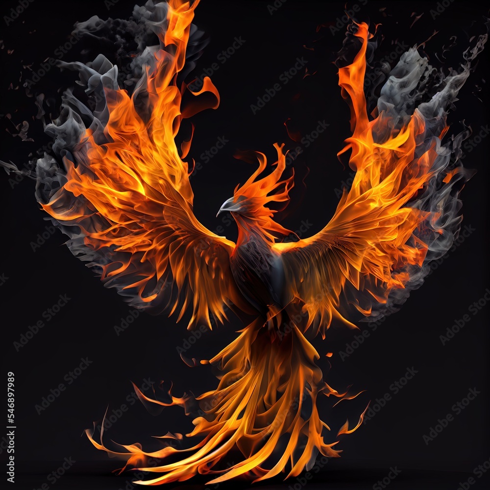 Fire Phoenix on black background. Isolated Phoenix silhouette made of ...