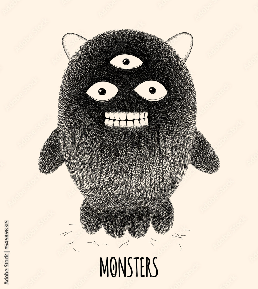 Hairy monster. Сute furry creature. Isolated cartoon horror character ...