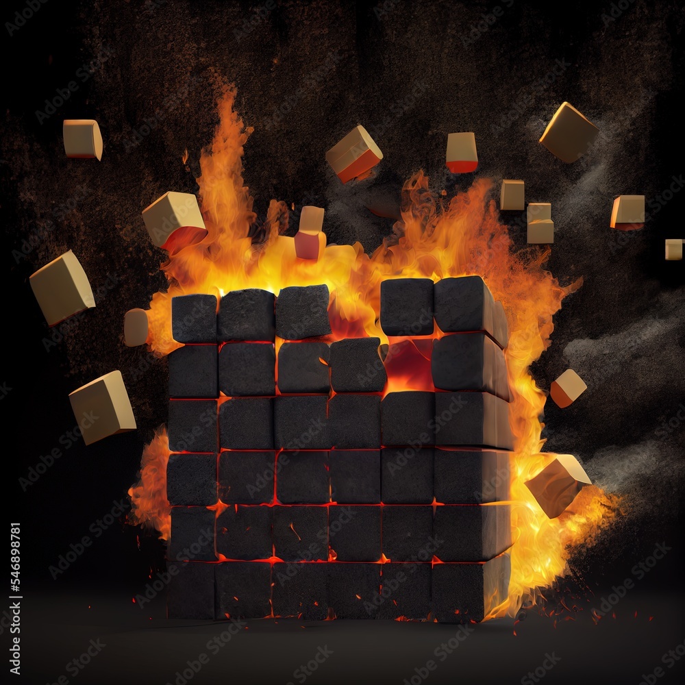 Fire wall exploding on black background. Isolated brick wall silhouette ...