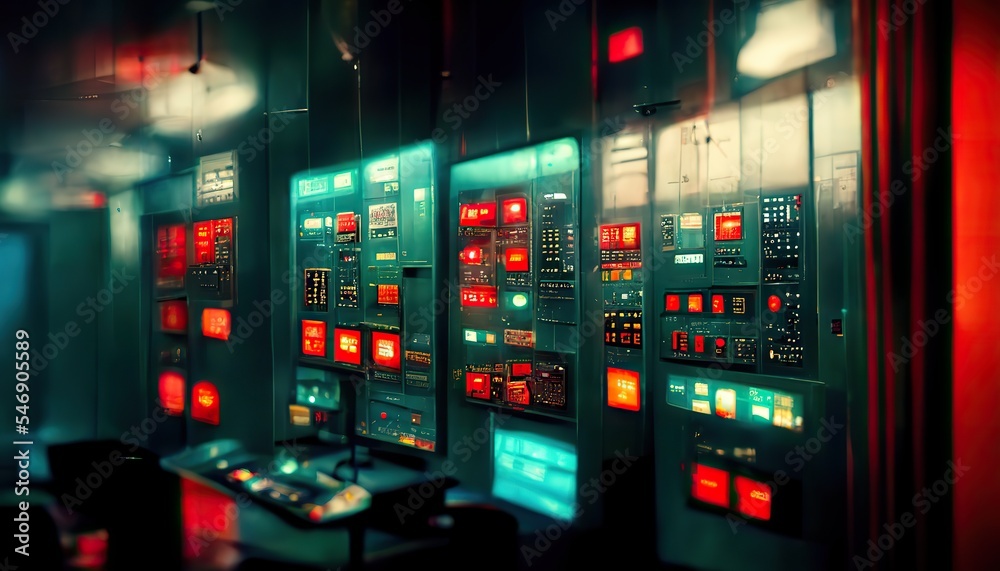 Inside of spaceship control room, science fiction scene, blue-green and ...