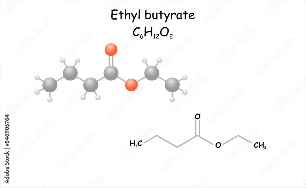 Stylized molecule model/skeletal formula of ethyl butyrate. Use as aroma. Stock Vector | Adobe Stock