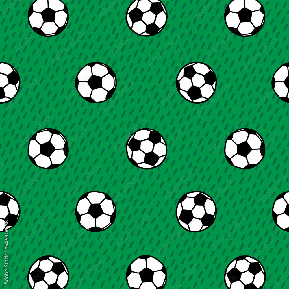Hand drawn vector illustration of soccer ball on football field pattern ...