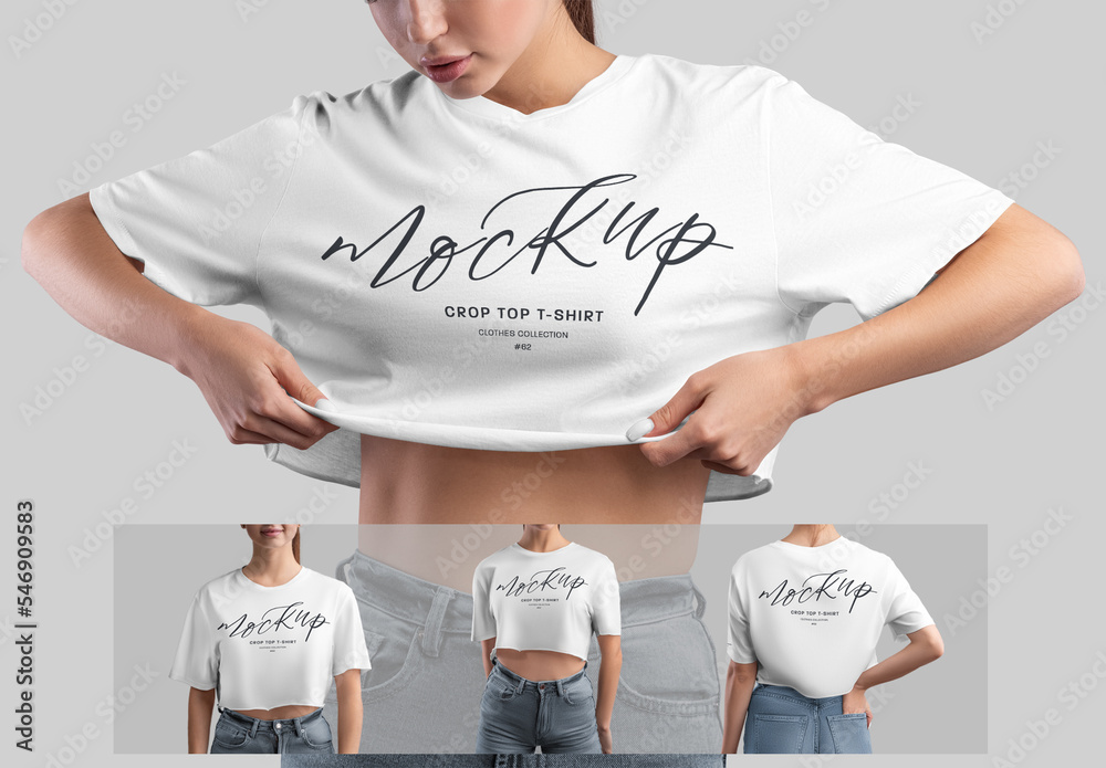 4 Mockup Woman Crop Top T Shirt Шаблон Stock Adobe Stock