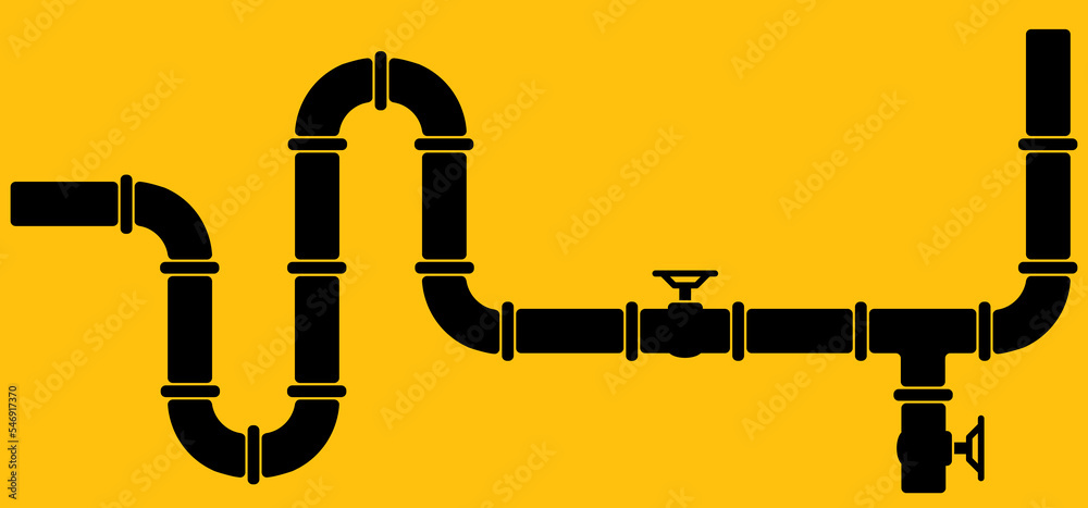 Water, oil or gas pipeline with fittings and valves. Pipeline and black ...