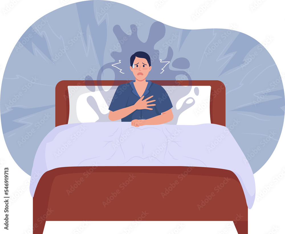 Nocturnal panic attack 2D raster isolated illustration. Man suddenly ...