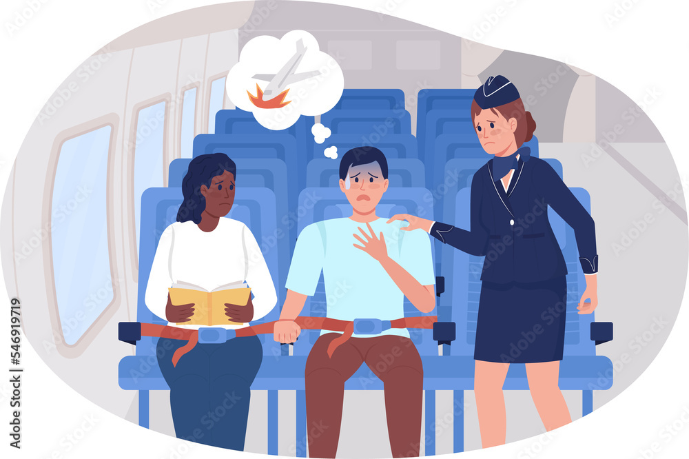 Panic attack during flight 2D raster isolated illustration. Man scared ...