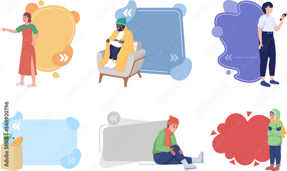 Life situations quote textbox with flat characters set. Winter dangers ...