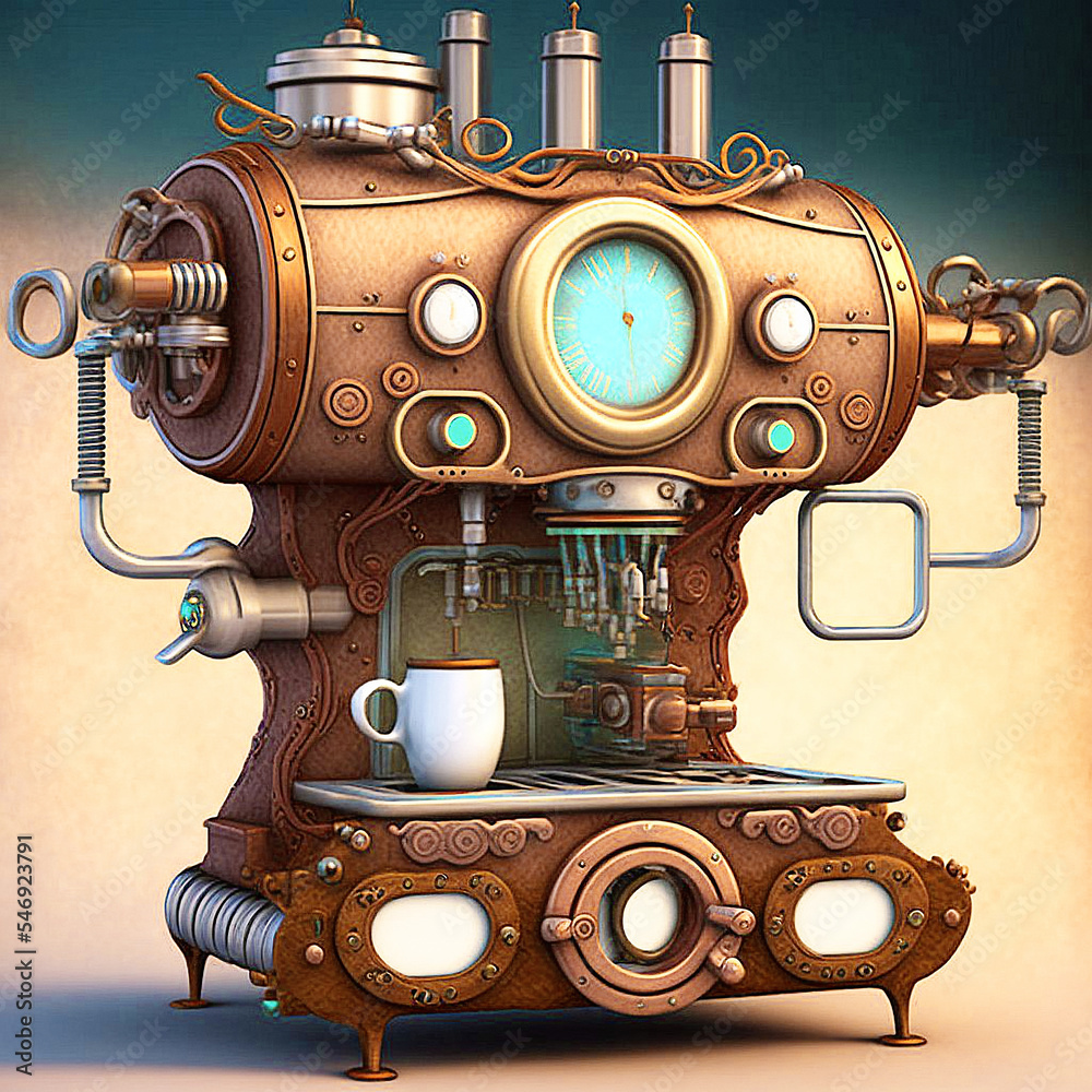 Steampunk espresso coffee machine, retro-futuristic tech fantasy made ...