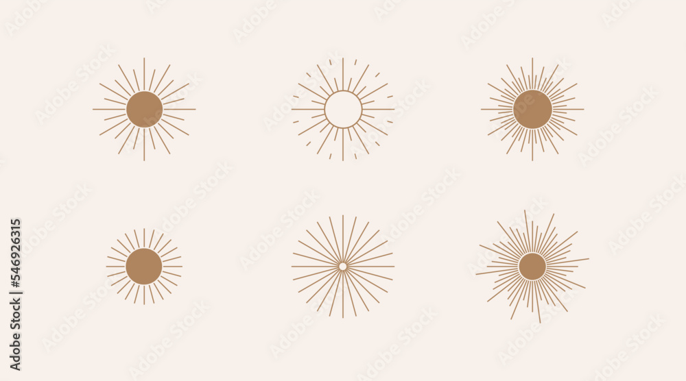 Hand-drawn vector illustration set of boho sun symbols. One line ...