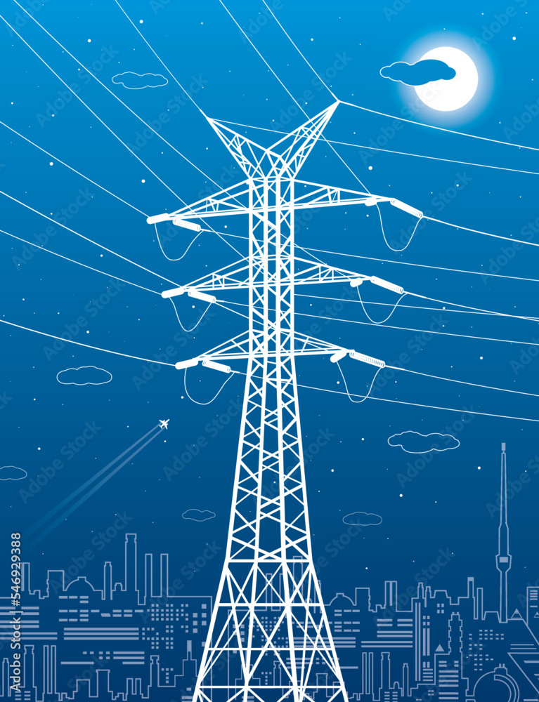 High voltage transmission systems. Electric pole. Power lines. A ...