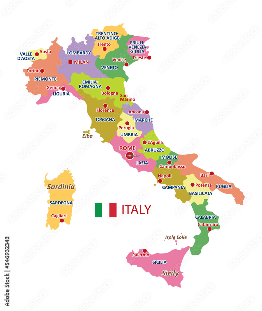 Colorful vector Italy map with regions and main cities. Italy Map ...