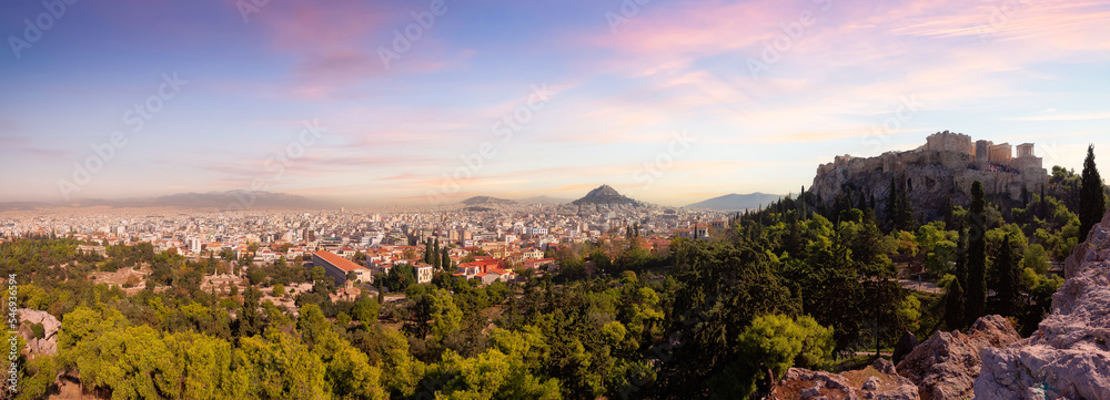 Acropolis and Cityscape in a Historic City with Mountains in Background ...