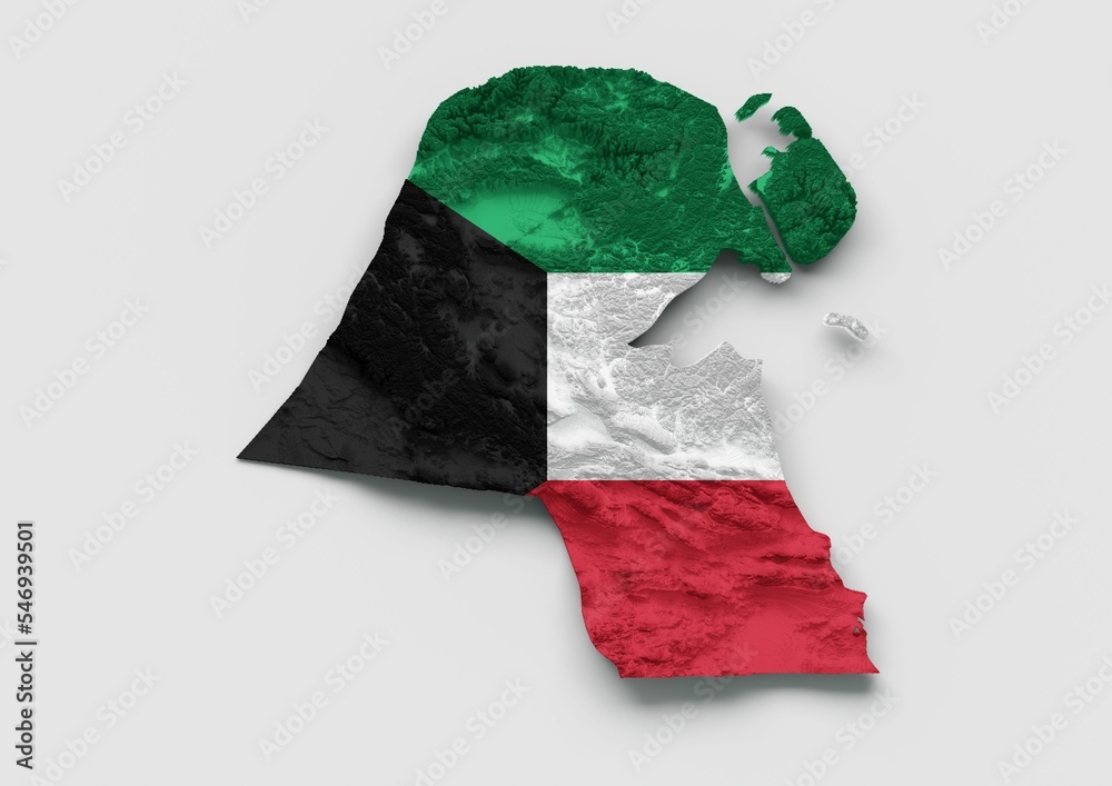 Kuwait Map Flag Shaded relief Color Height map on white Background, 3d ...