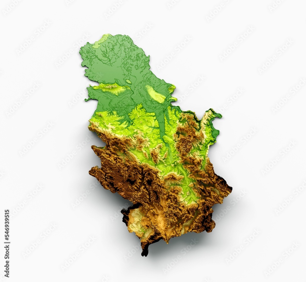 3d illustration of Serbia Map Shaded relief Color Height map on the sea ...