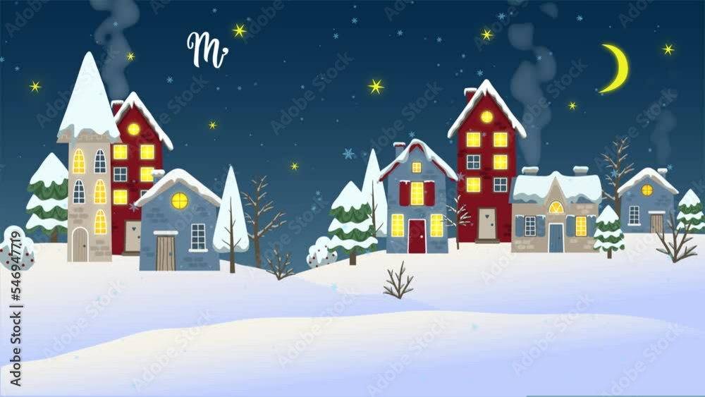2d flat animation of Christmas winter background with houses and trees ...
