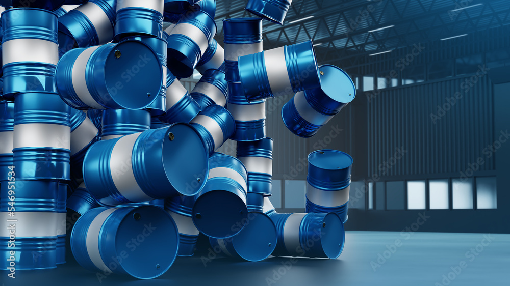 Falling barrels. Warehouse of fuel products. Falling barrels inside ...