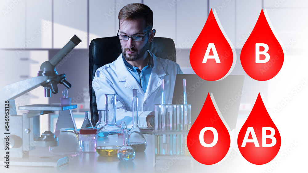 Blood test in laboratory. Man doctor in workplace. Blood type logos ...